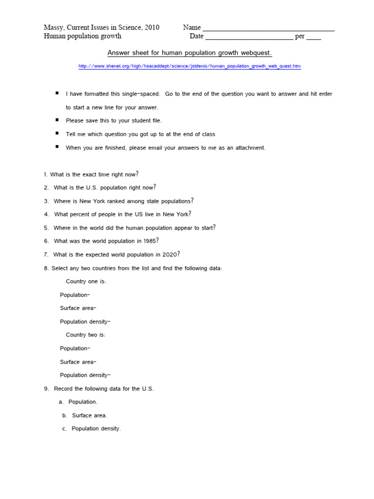 CIS Human Pop Growth Webquest Answer Sheet | PDF