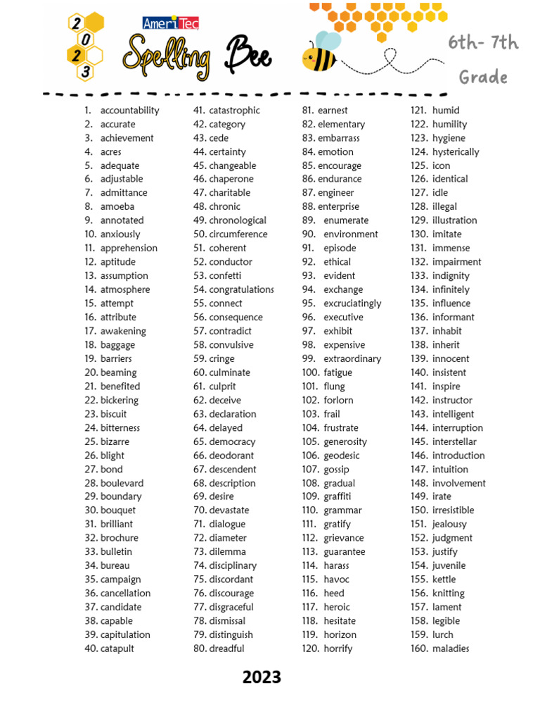 6th - 7th Grade Spelling Bee List 2023 | PDF