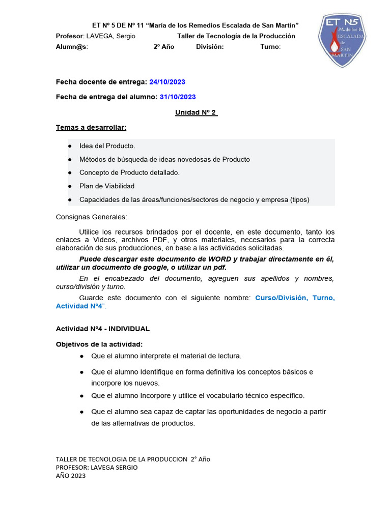 T. Producción 2° Año U2 Actividad N°4 - Idea Del Producto y PV - 3er Rotación | PDF