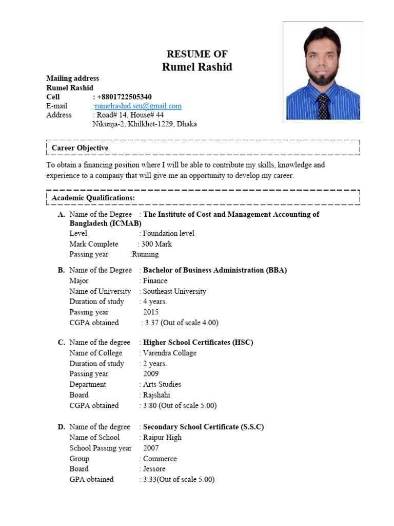 Rumel Rashid - CV | Download Free PDF | Academic Degree | Computing