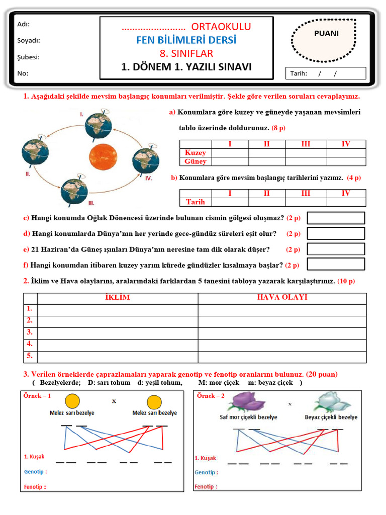 8 Sinif Fen Bilimleri Yazili Senaryo 1 Ve Cevap Anahtari | PDF