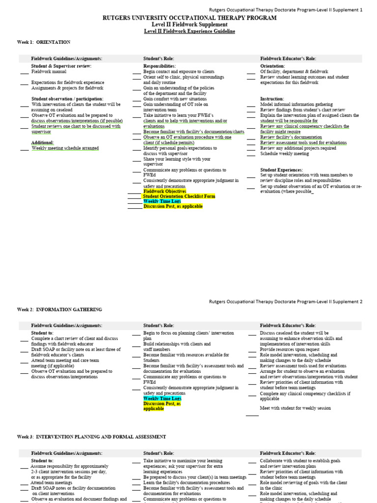 Level II Fieldwork 12-Week Guildeline-Schedule | PDF | Occupational Therapy | Evaluation
