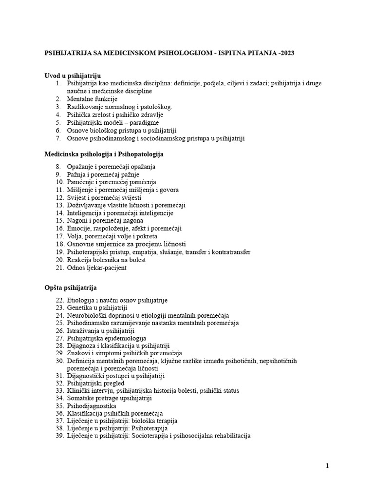 Psihijatrija Sa Medicinskom Psihologijom Ispitna Pitanja 2023 | PDF