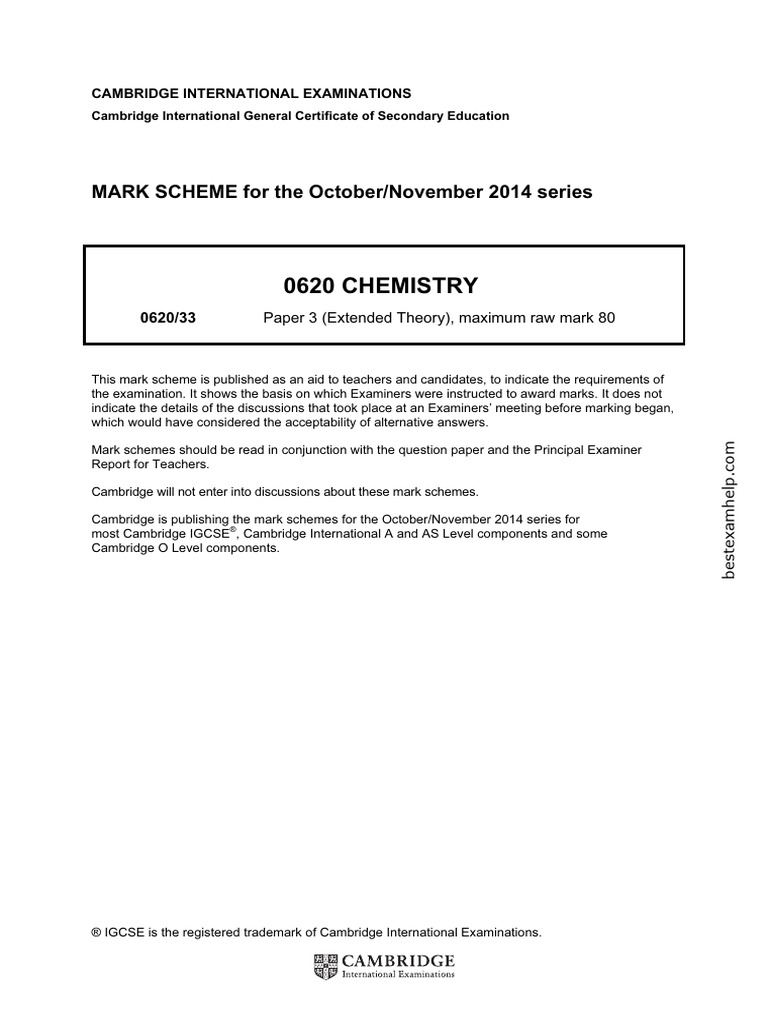 0620 Chemistry: MARK SCHEME For The October/November 2014 Series | PDF ...