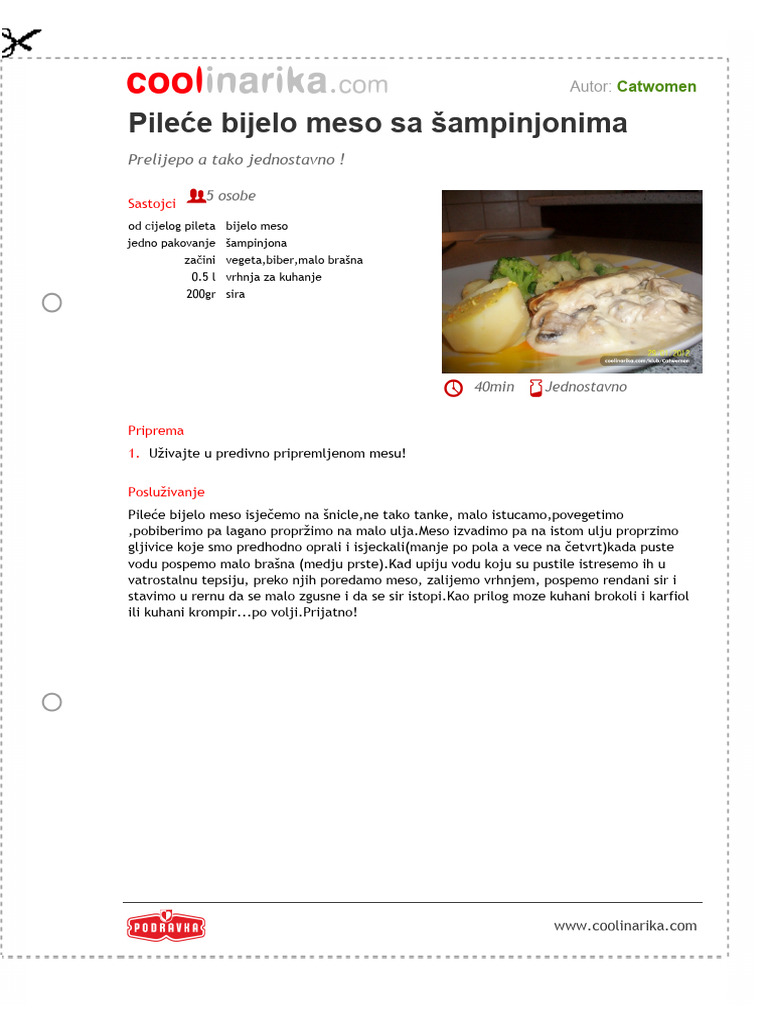 Pilece Bijelo Meso Sa Sampinjonima | PDF