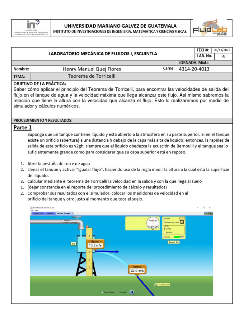 R.Fluidos ESC, Lab 6, Henry Quej | PDF
