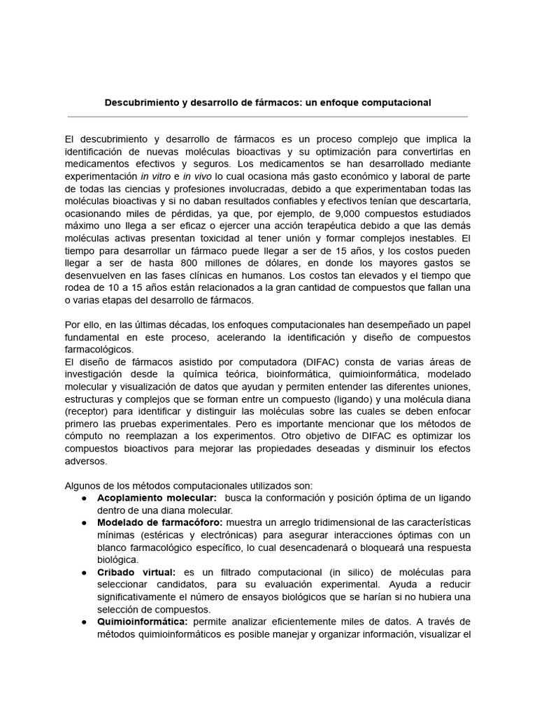 Enfoque Computacional en Fármacos | PDF | Desarrollo de fármacos | Relación cuantitativa ...
