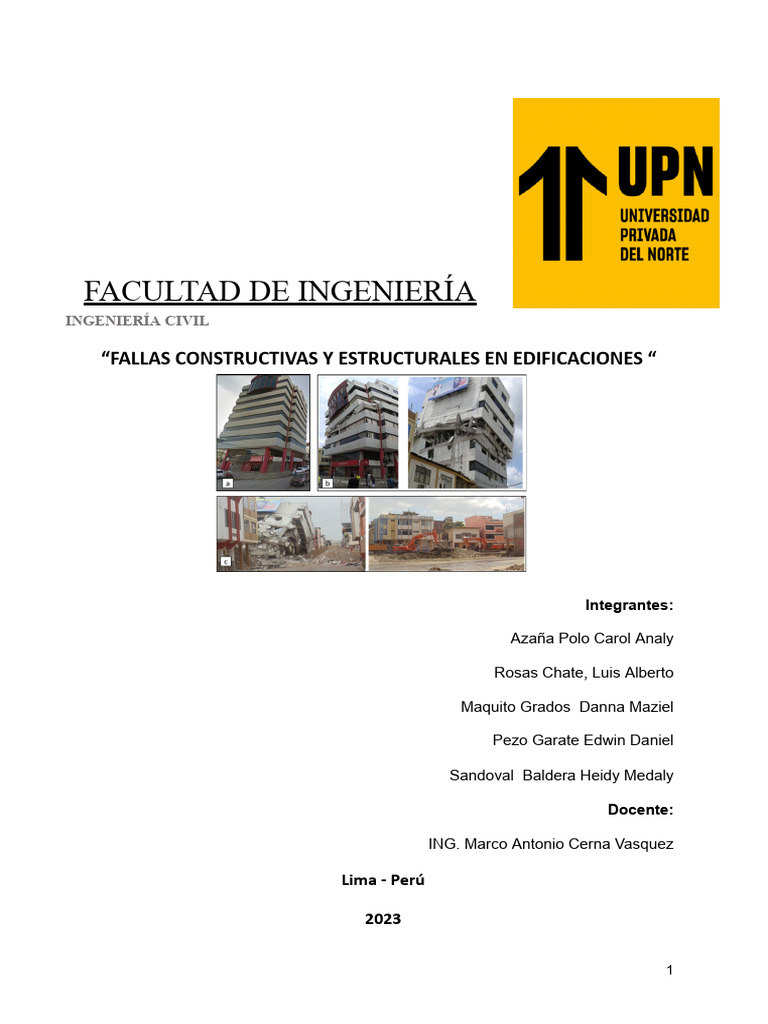 Facultad de Ingeniería: "Fallas Constructivas Y Estructurales en Edificaciones " | PDF