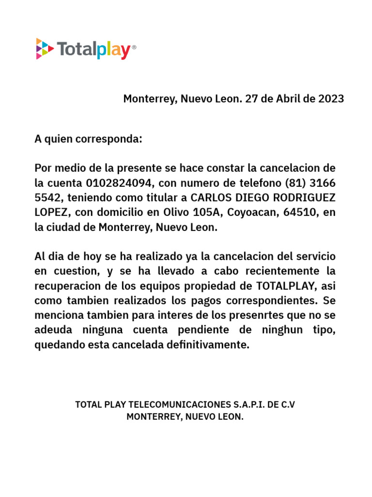 Cancelacion Totalplay Pdf