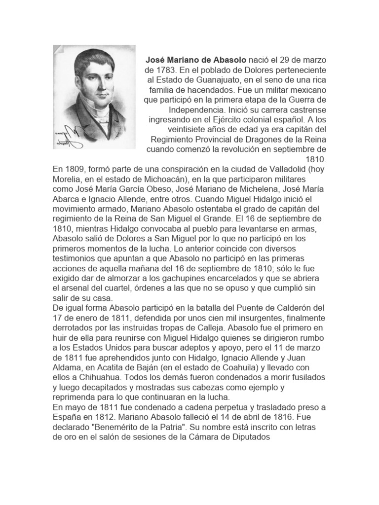 José Mariano de Abasolo Nació El 29 de Marzo de 1783 | PDF | México ...