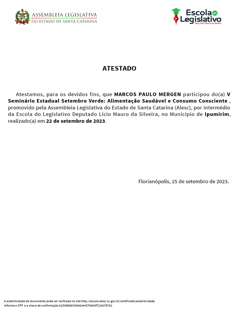 Certificado Participante Escola Legislativo 25-09-2023 | PDF
