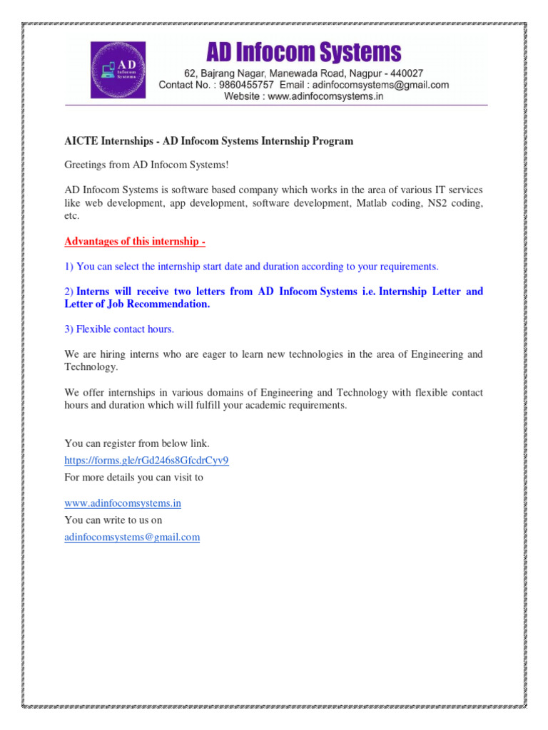 AD Infocom Systems Internship Program | PDF | Business | Technology & Engineering