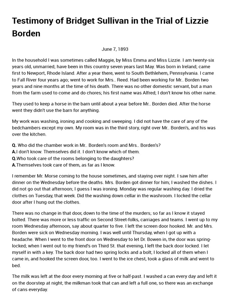 Testimony of Bridget Sullivan in The Trial of Lizzie Borden | PDF