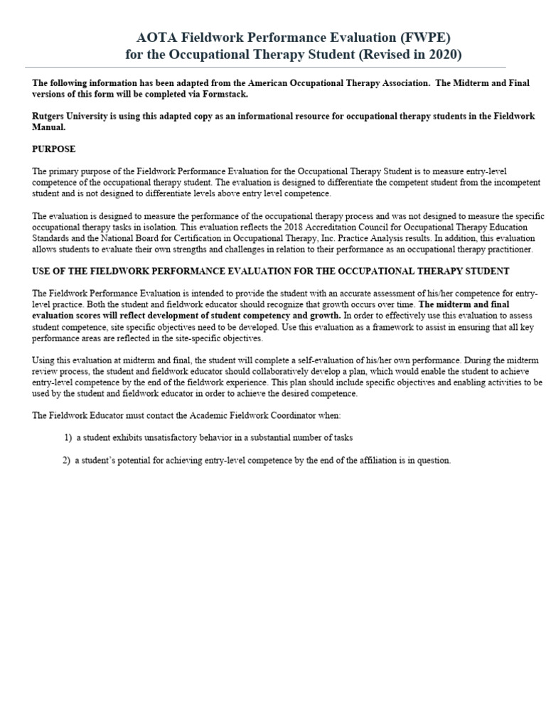 Aota Fieldwork Performance Evaluation | PDF | Occupational Therapy ...