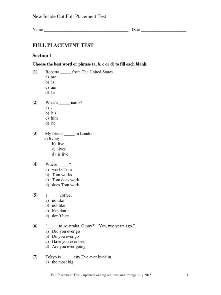 Full Placement Test - Updated | PDF | Accuracy And Precision | Tourism