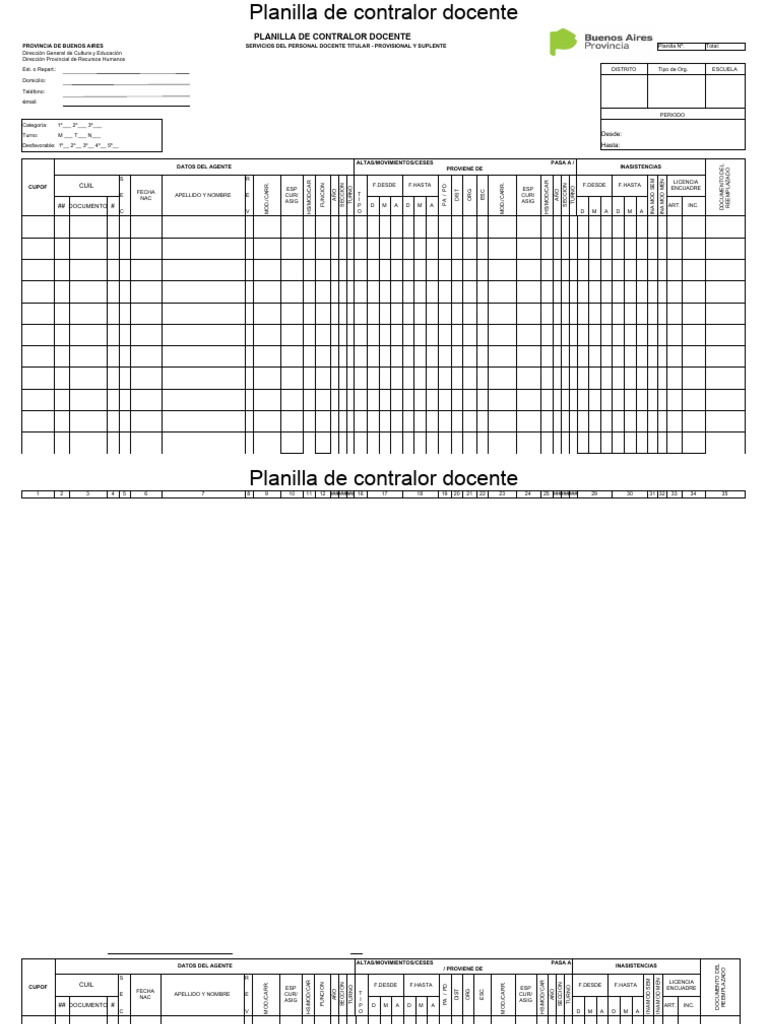 Planilla Contralor Docente Semanal Cuil (1) | PDF