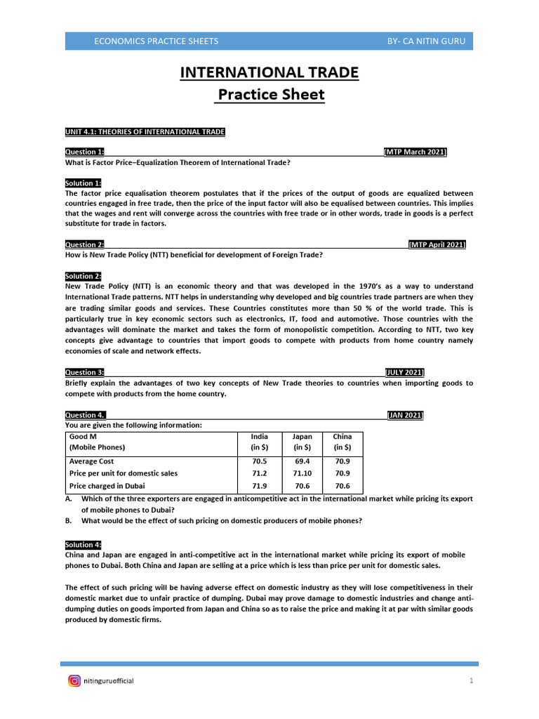 04 Ch4 International Trade - Practice Sheet | Download Free PDF ...