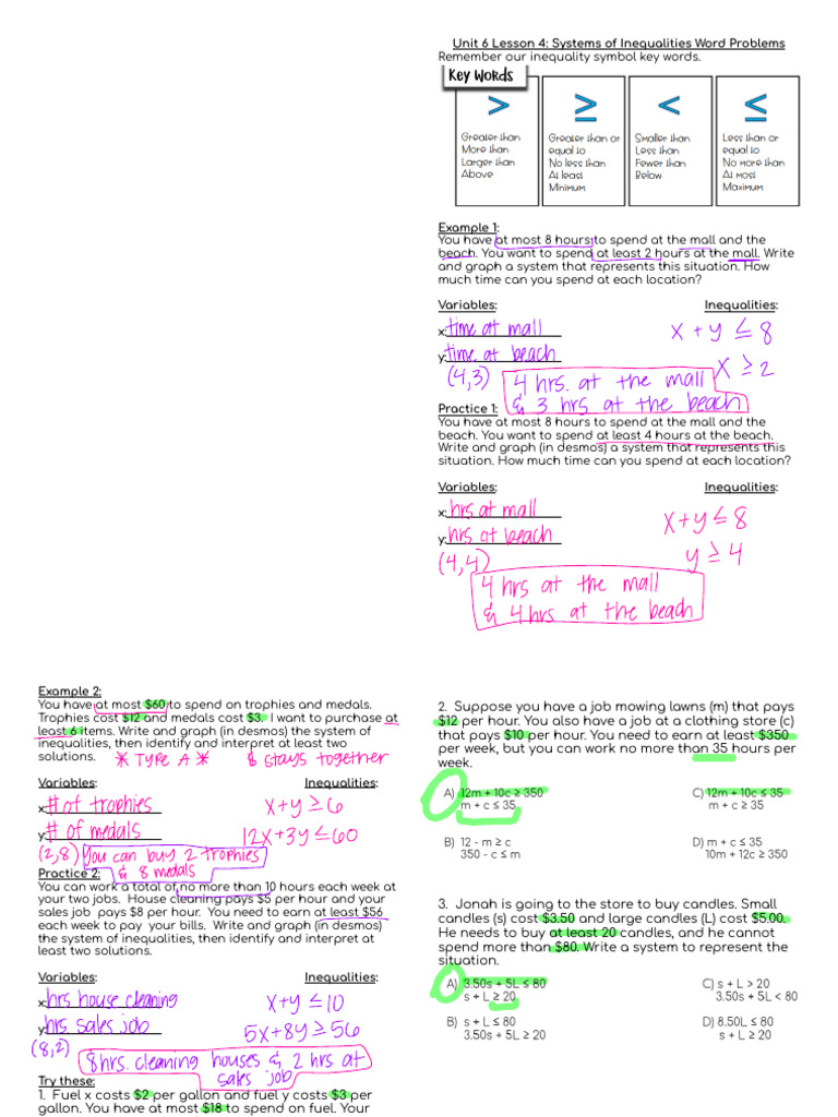 Unit 6 Lesson 4 - Systems of Inequalities Word Problems (22-23) | PDF ...