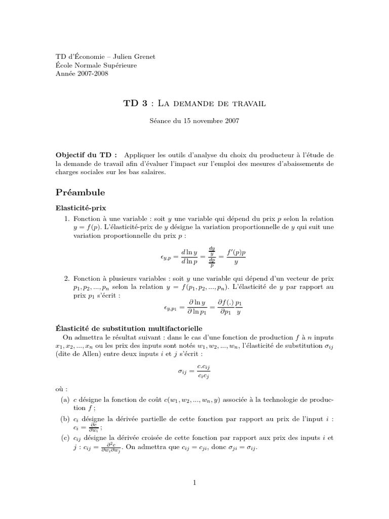 TD 3: La Demande de Travail: Objectif Du TD: Appliquer Les Outils D ...