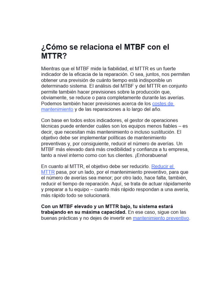 Como Se Relaciona El MTBF Con El MTTR | PDF
