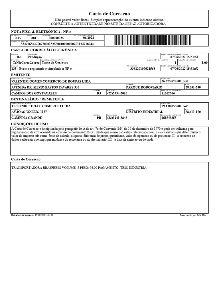 CARTA DE CORREÇÃO REDLEY NOTA FISCAL 25 | PDF | Recibo