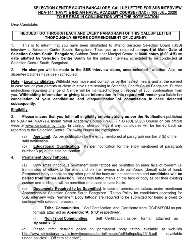 Call Up Instruction SCS Bangalore For Nda 144 Navy Inac 106 Course Jul 2020 | PDF | Identity ...