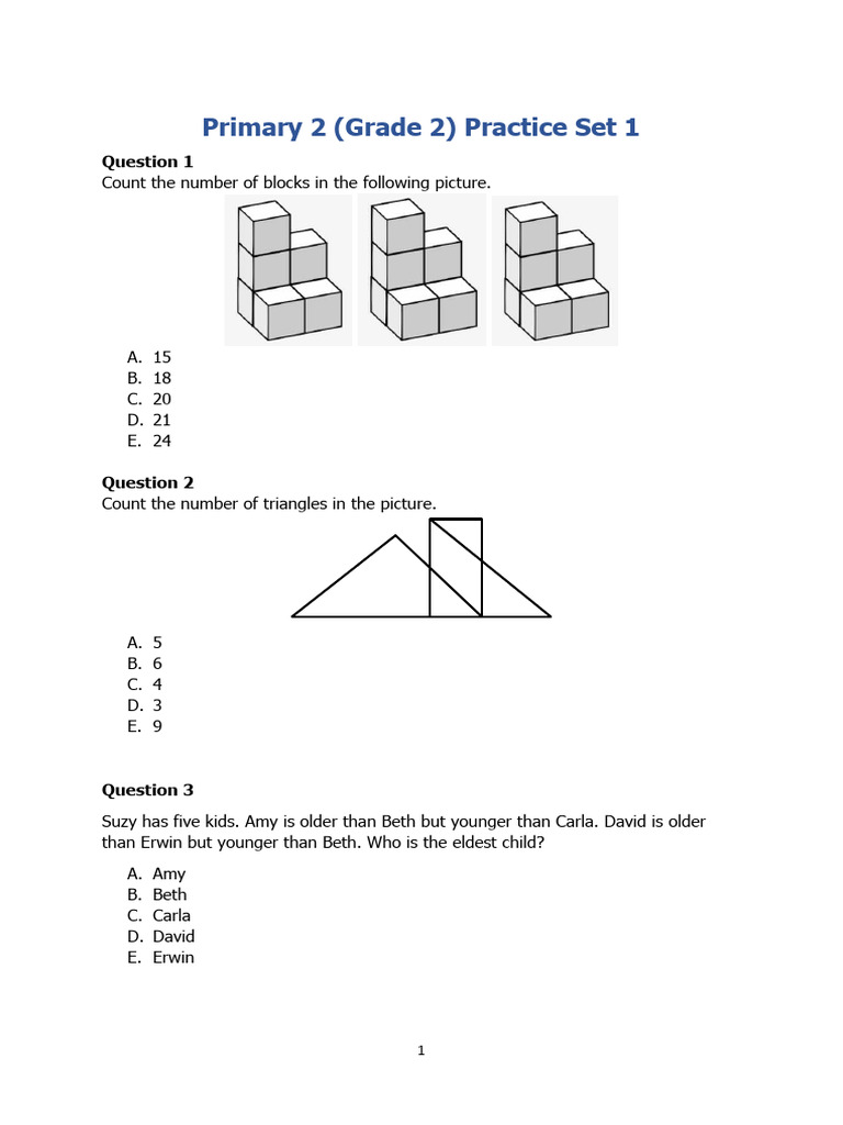 Primary 2 (Grade 2) Practice Set 1 | PDF | Mathematics