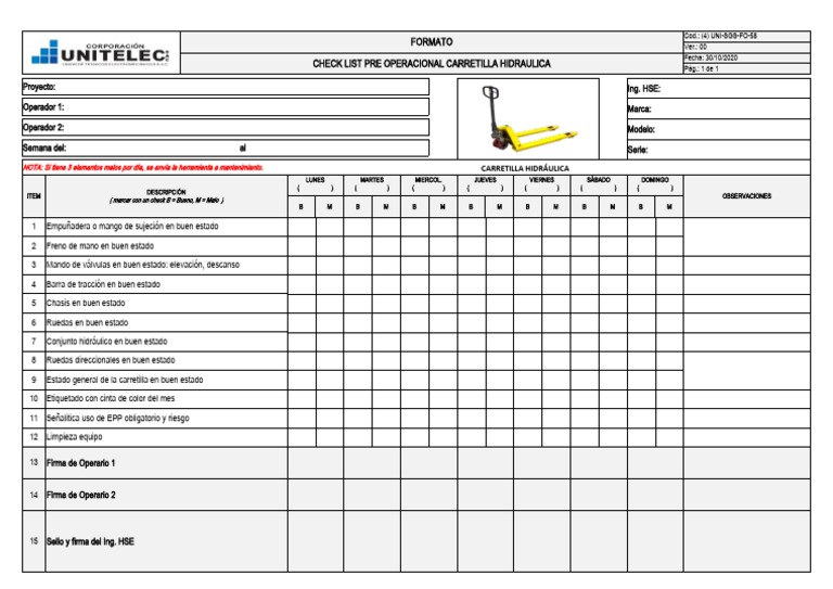 UNI-SGS-FO-58 Check List de Inspección Carretilla Hidraulica Ver. 00 ...