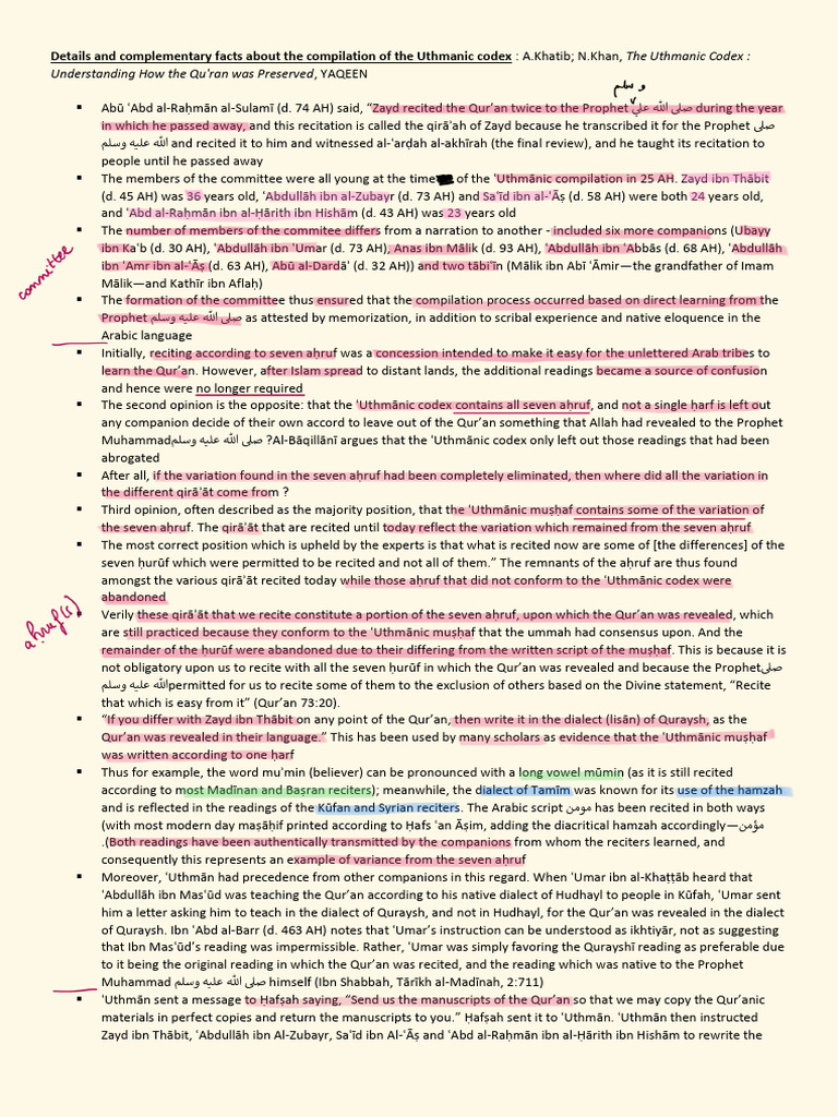 Uthmanic Codex Notes | PDF | Quran | Islam