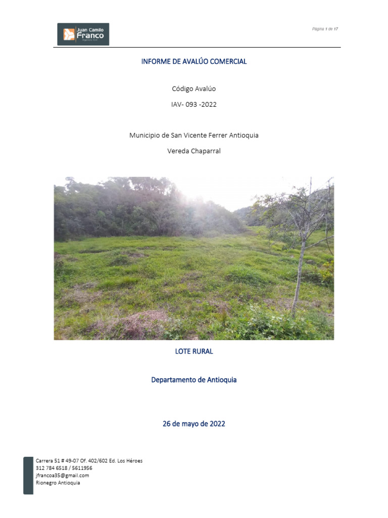 Avaluo Lote Rural Chaparral San Vicente Ferrer Antioquia | PDF | Valoración (Finanzas) | Tasador