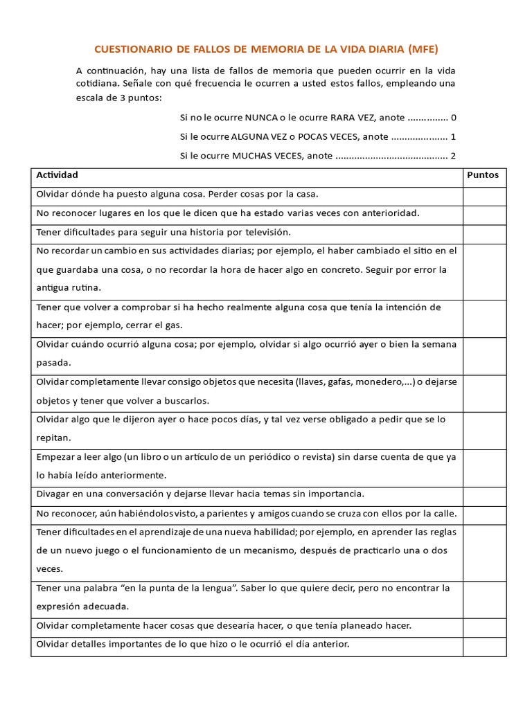 2CUESTIONARIO DE FALLOS DE MEMORIA DE LA VIDA DIARIA | PDF