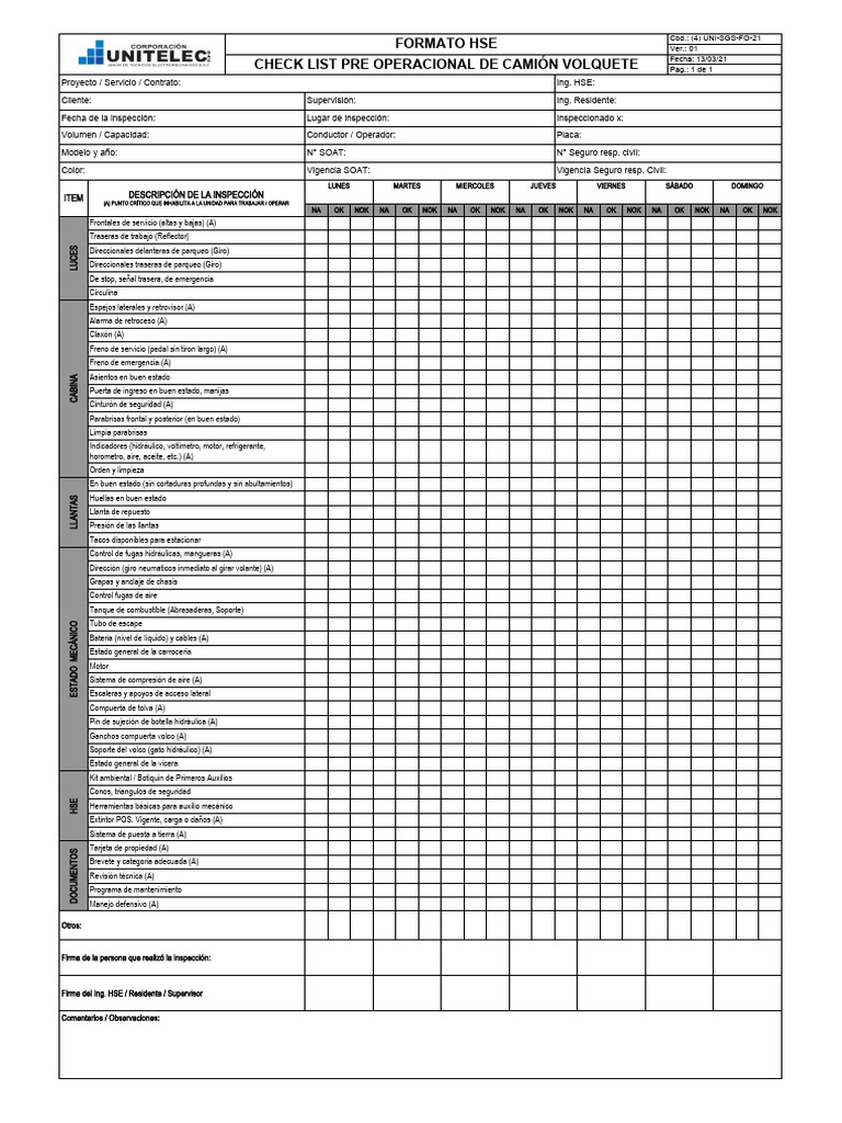 UNI-SGS-FO-21 Check List Pre Operacional Camión Volquete Ver. 01 | PDF ...
