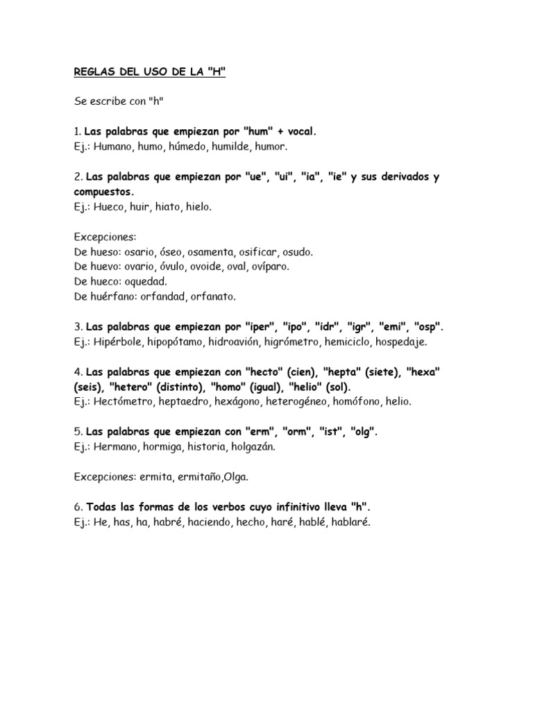 Reglas Del Uso de La H | PDF