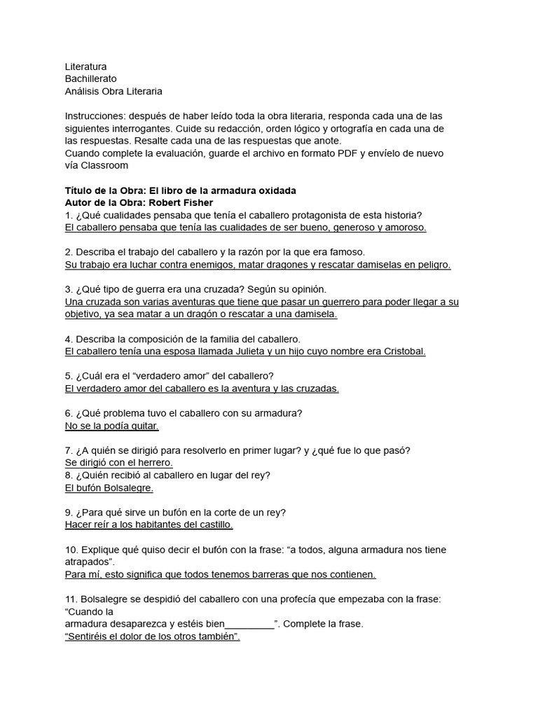 Salomé Rios - Comprensión Lectora - El Caballero de La Armadura Oxidada ... Salomé Rios - Comprensión Lectora - El Caballero de La Armadura Oxidada ...