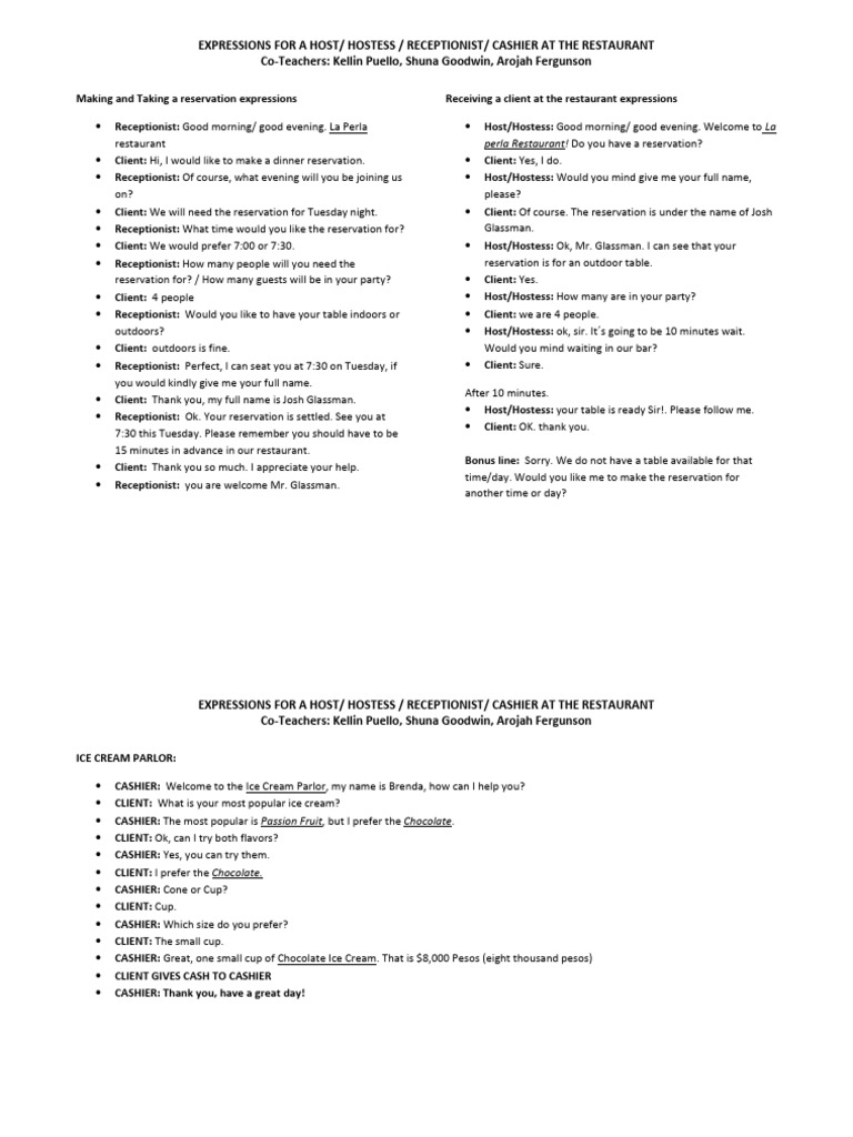 Lines For Cashier Host Hostess and Recepcionist at The Restaurants ...