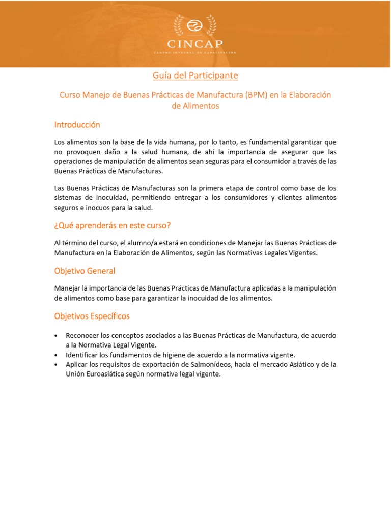 Guía Del Participante Curso BPM | PDF | Alimentos | Aprendizaje