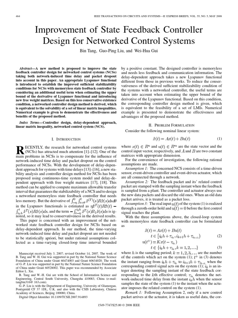 Bin Tang 2008 Improvement Of State Feedback Controller Design For Networked Control Systems Pdf
