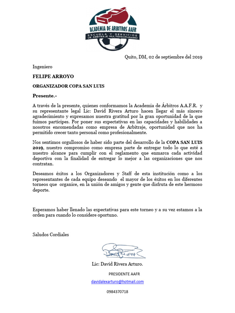 Carta de Agradecimiento - Ing Felipe Arroyo | PDF