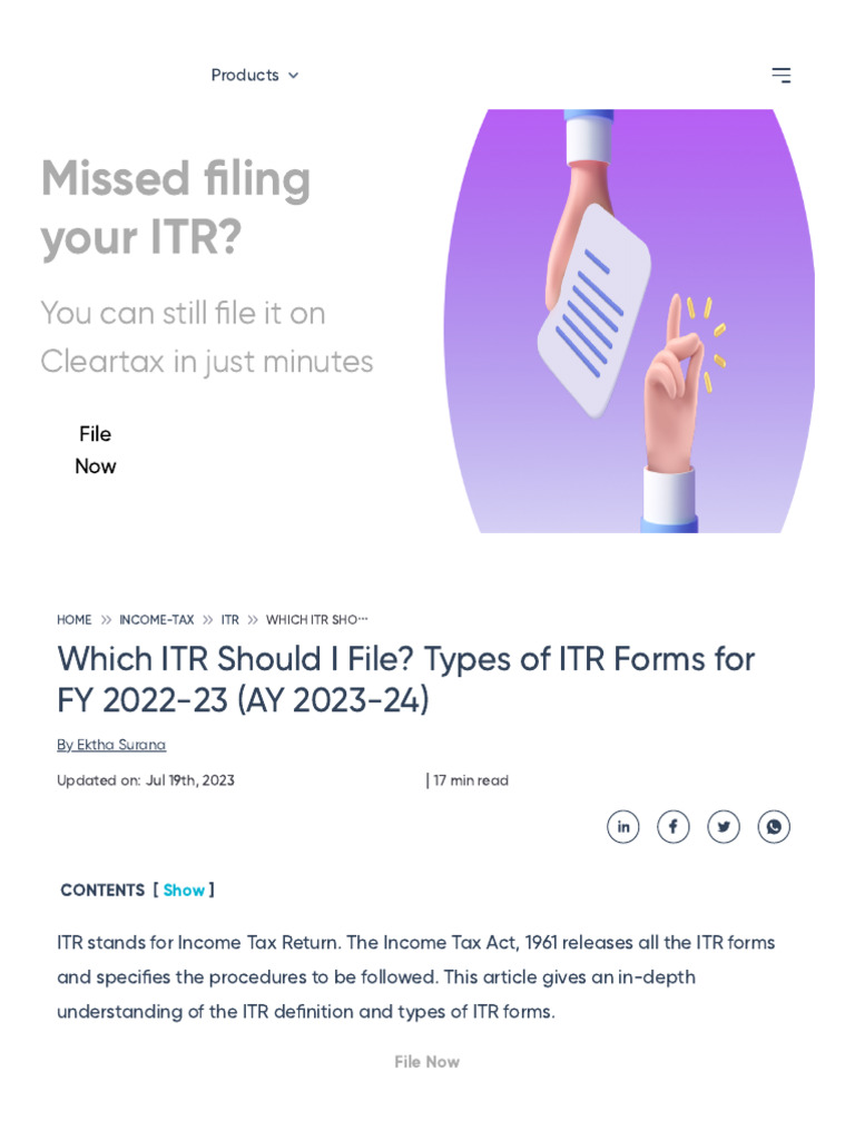 Types of ITR Forms For FY 2022-23 (AY 2023-24) | PDF | Business | Taxes Types of ITR Forms For FY 2022-23 (AY 2023-24) | PDF | Business | Taxes