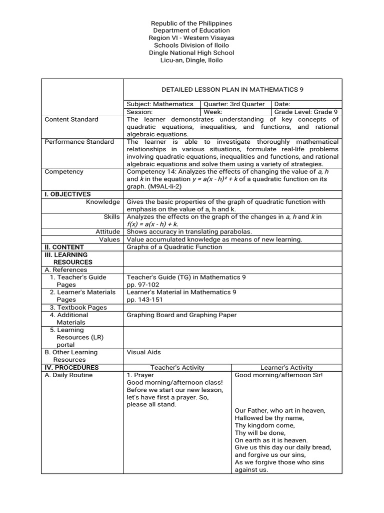 Detailed Lesson Plan in Lesson 2-Graphs of Quadratic Function 2.3 ...