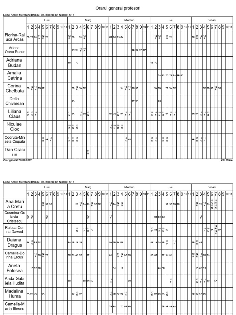 Orar Profesori | PDF