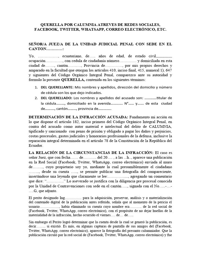 Querella Por Calumnia Atreves de Redes | PDF | Queja | Facebook