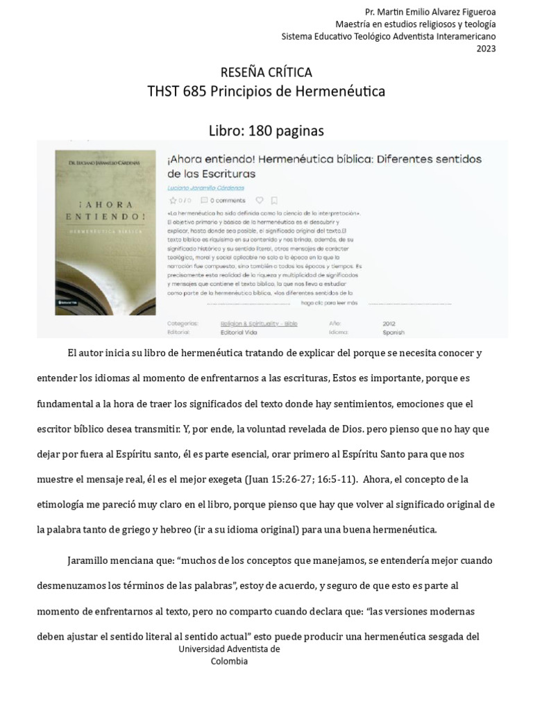 Informe de Lectura Reseña Critica | PDF | Biblia | Hermenéutica