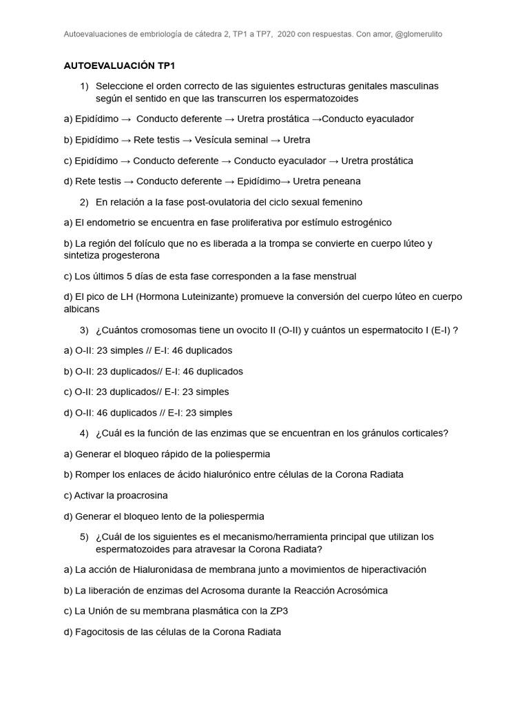 Autoevaluaciones Embrio Cat 2 (TP1 A 7) Con Rtas | PDF