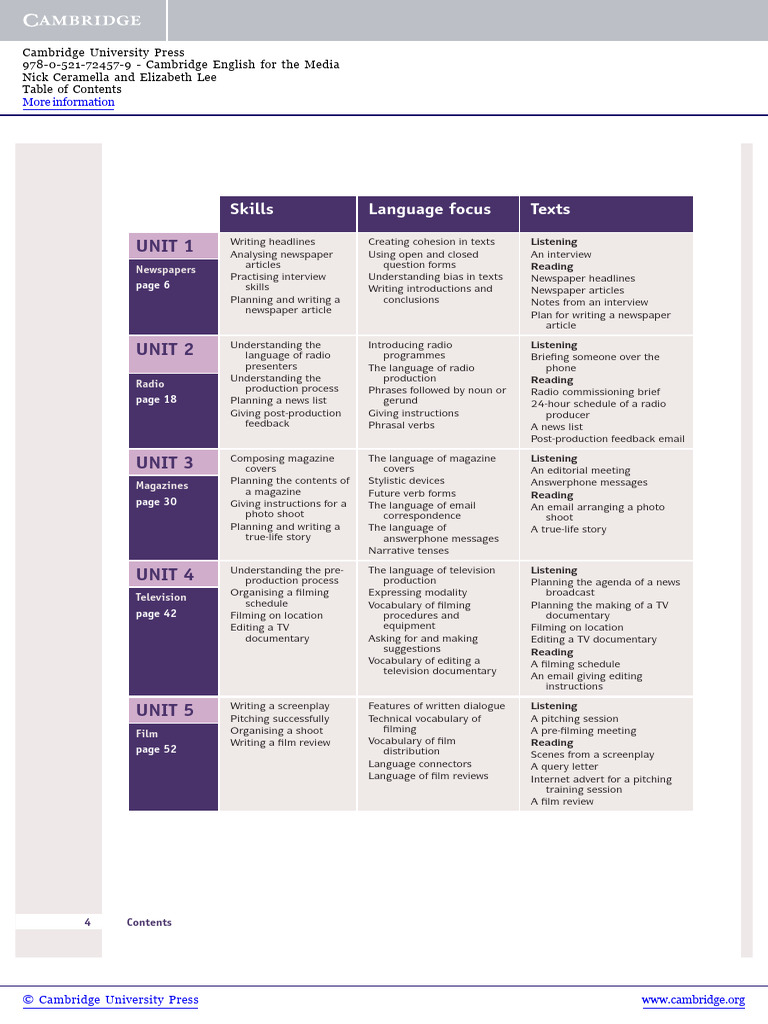Cambridge English For The Media Intermediate Students Book With Audio CD Table of Contents | PDF ...