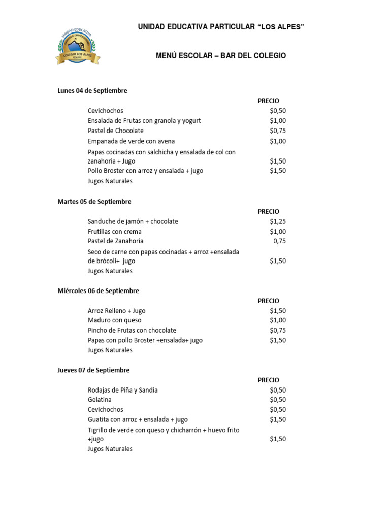 Menu Del Bar Semanas 04 Sep - 15 Sep | PDF | Alimentos | Cocina