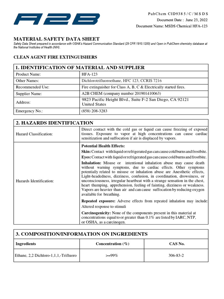 Msds Pubchem Hfa 123 CA A2b Chem Fire Extinguishers Agent | PDF | Toxicity | Firefighting