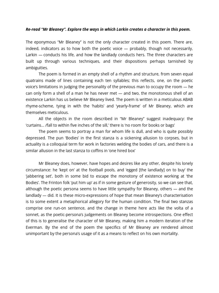 Analyzing Characterization in Larkin's "Mr Bleaney" | PDF | Poetry ...