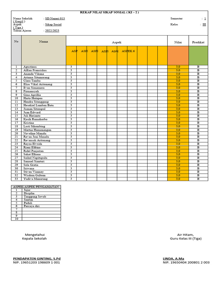 Rekap Nilai Sikap Sosial Warna | PDF