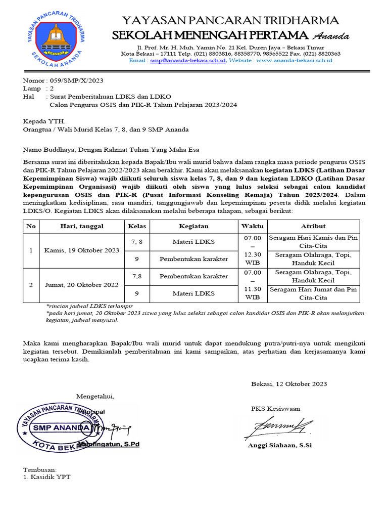 Surat Pemberitahuan LDKS LDKO 2023-2024 | PDF